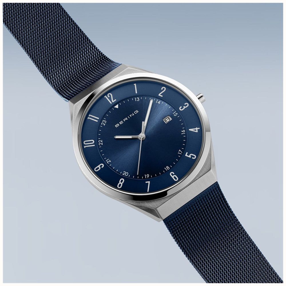 Bering Ultra Slim | Blue Sunray Dial With Date Window | Blue Milanese ...