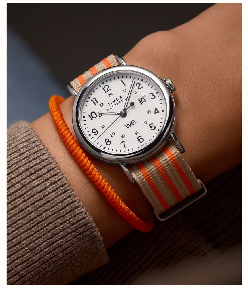 Timex Weekender INDIGLO (40mm) White Dial / Tan & Orange Striped Fabric ...