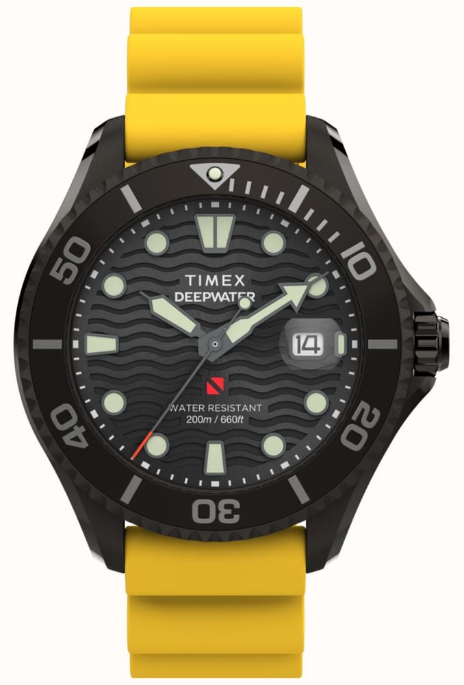 Timex Deepwater Meridian 200 (44mm) Black Wave Dial / Yellow Synthetic Rubber TW2W81700 - First ...