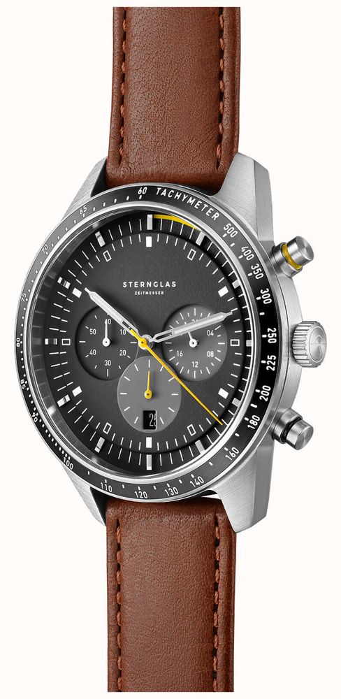 STERNGLAS Tachymeter Quartz (43mm) Black Dial / Brown Leather S01-TY03 ...