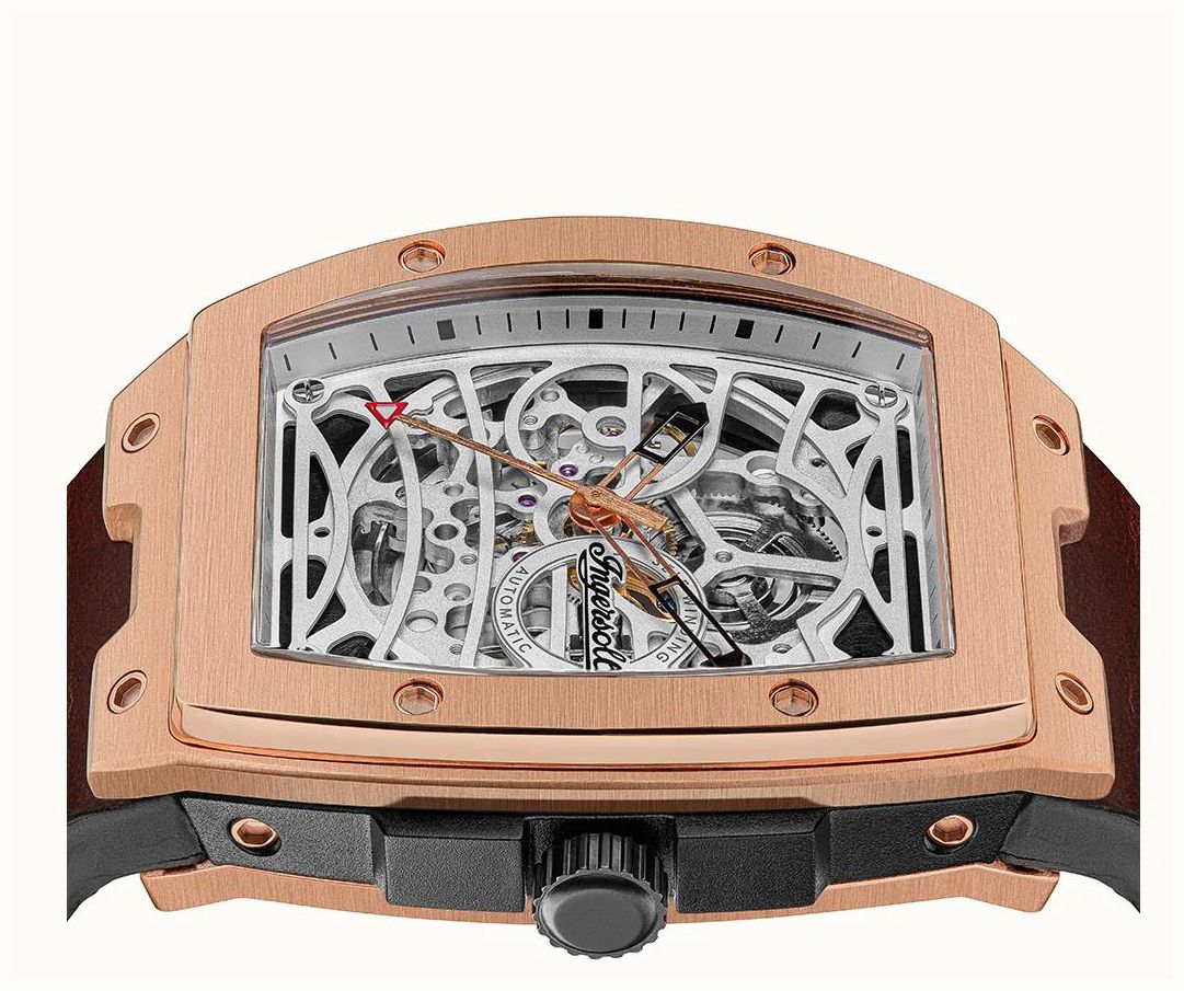 Ingersoll THE CHALLENGER Automatic (44.5mm) White Skeleton Dial / Brown ...