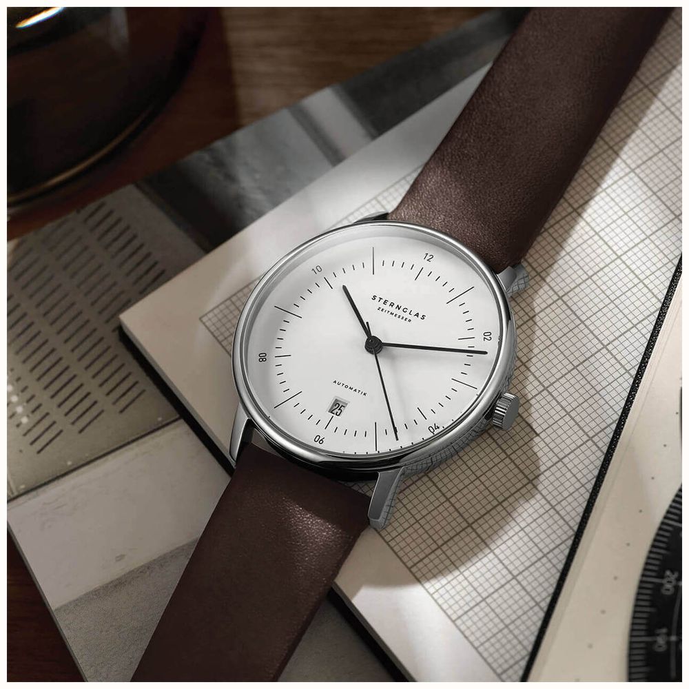STERNGLAS Naos Automatic (38mm) White Dial / Brown Leather S02-NA01-PR04 - First Class Watches™ USA