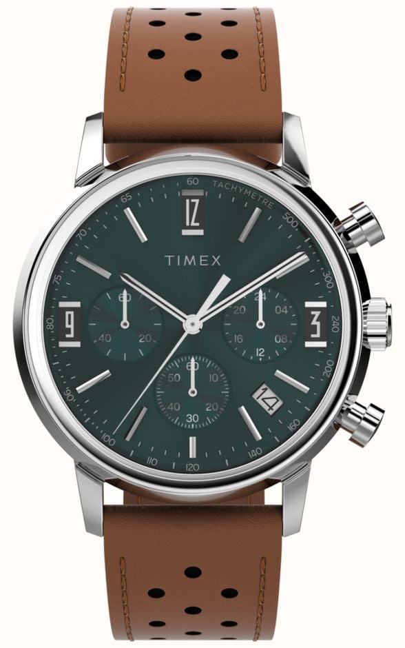 Timex Marlin Chronograph Tachymeter (40mm) Green Dial / Tan BrownLeather Strap TW2W10100 - First ...
