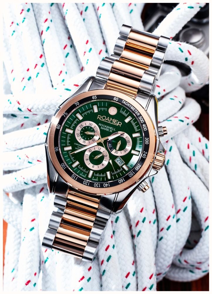 Roamer Rockshell Mark III Chrono Green Dial Rose Gold IP Bi-Colour ...