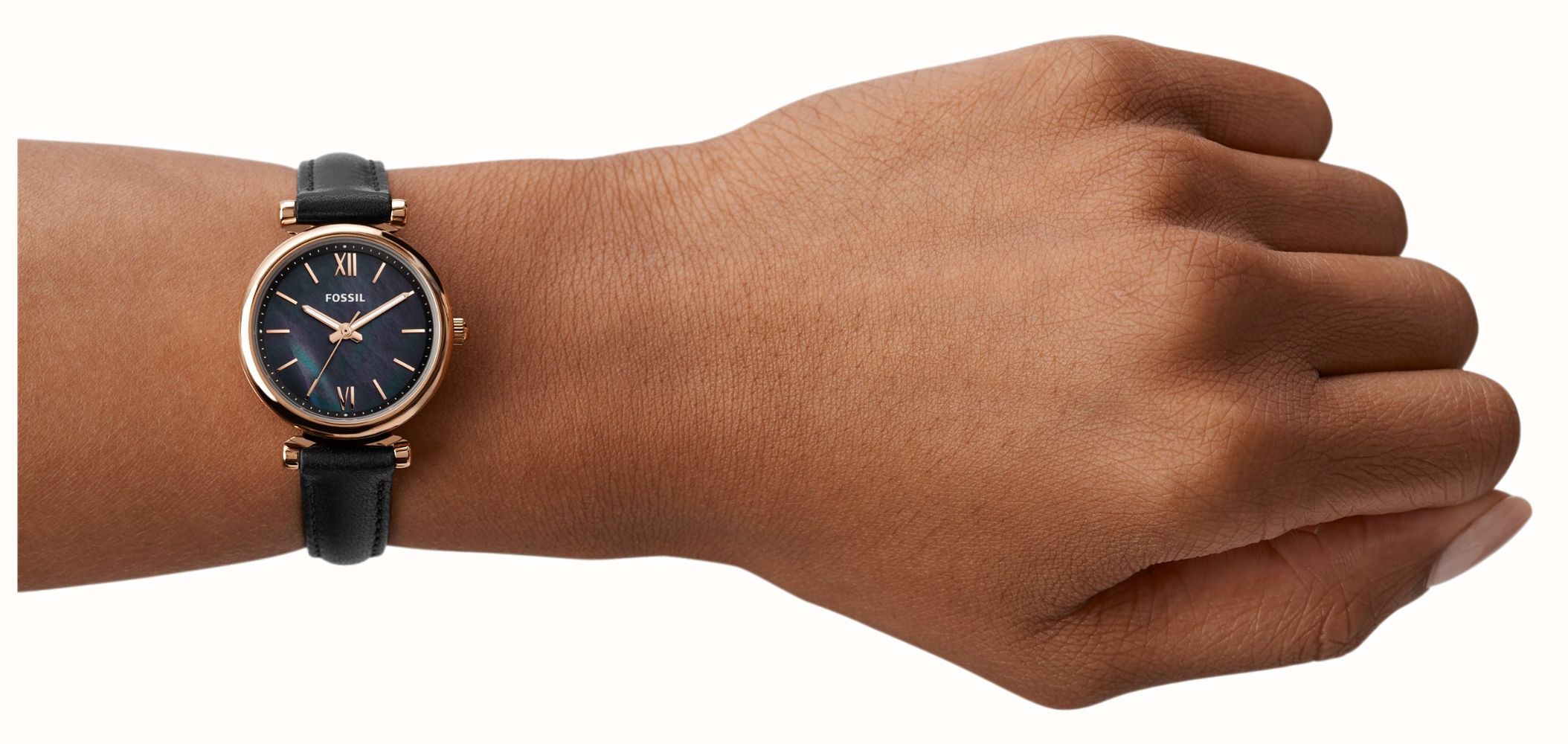 Fossil Women's Carlie Mini | Black Mother-of-Pearl Dial | Black Leather ...