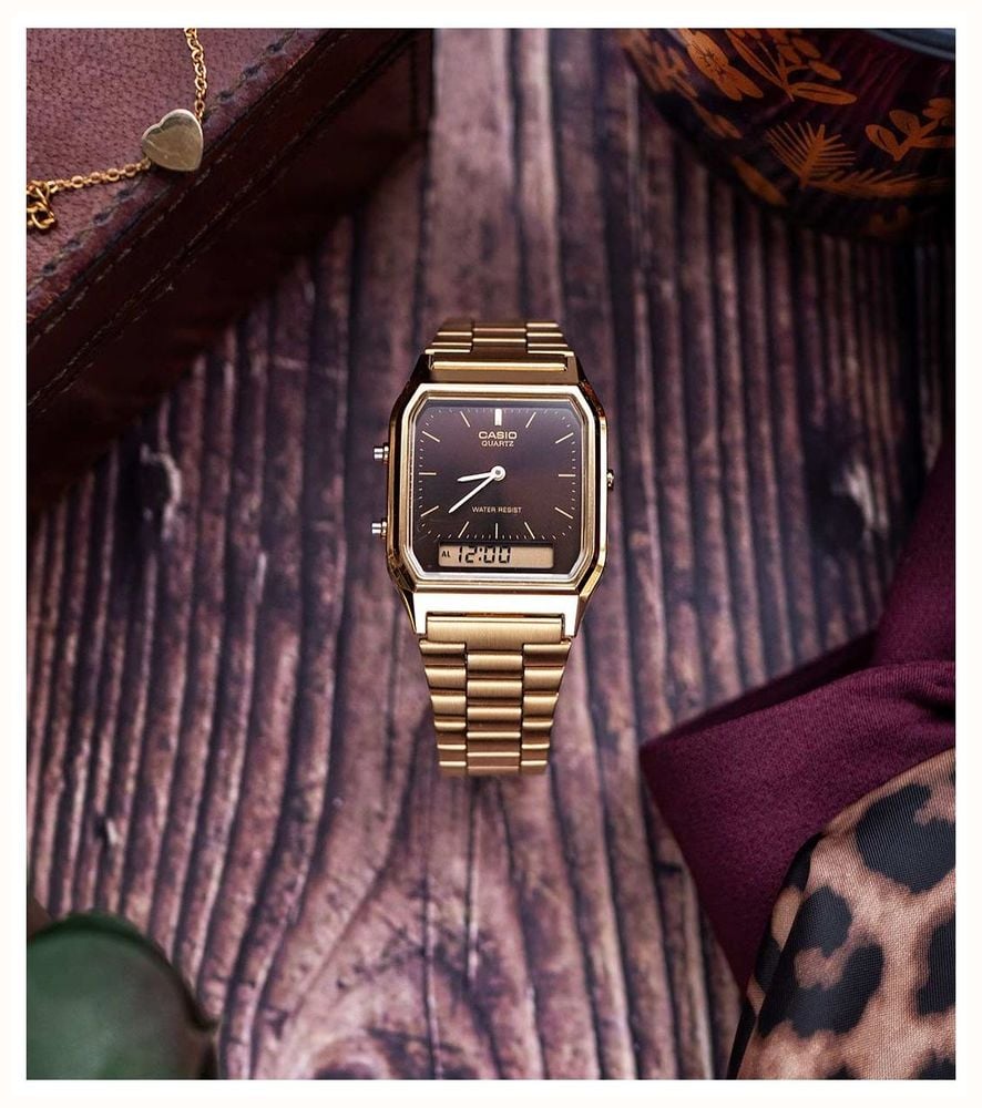 Casio Vintage AQ-230 Series (29.8mm) Brown Sunray Dial / Gold PVD AQ ...