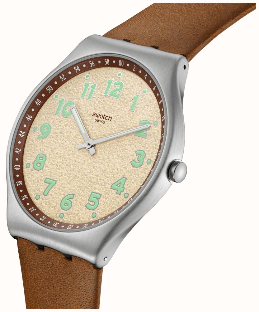 Swatch Tabby Hepcat (42 Mm), Cadran Crème / Bracelet En Cuir Marron ...