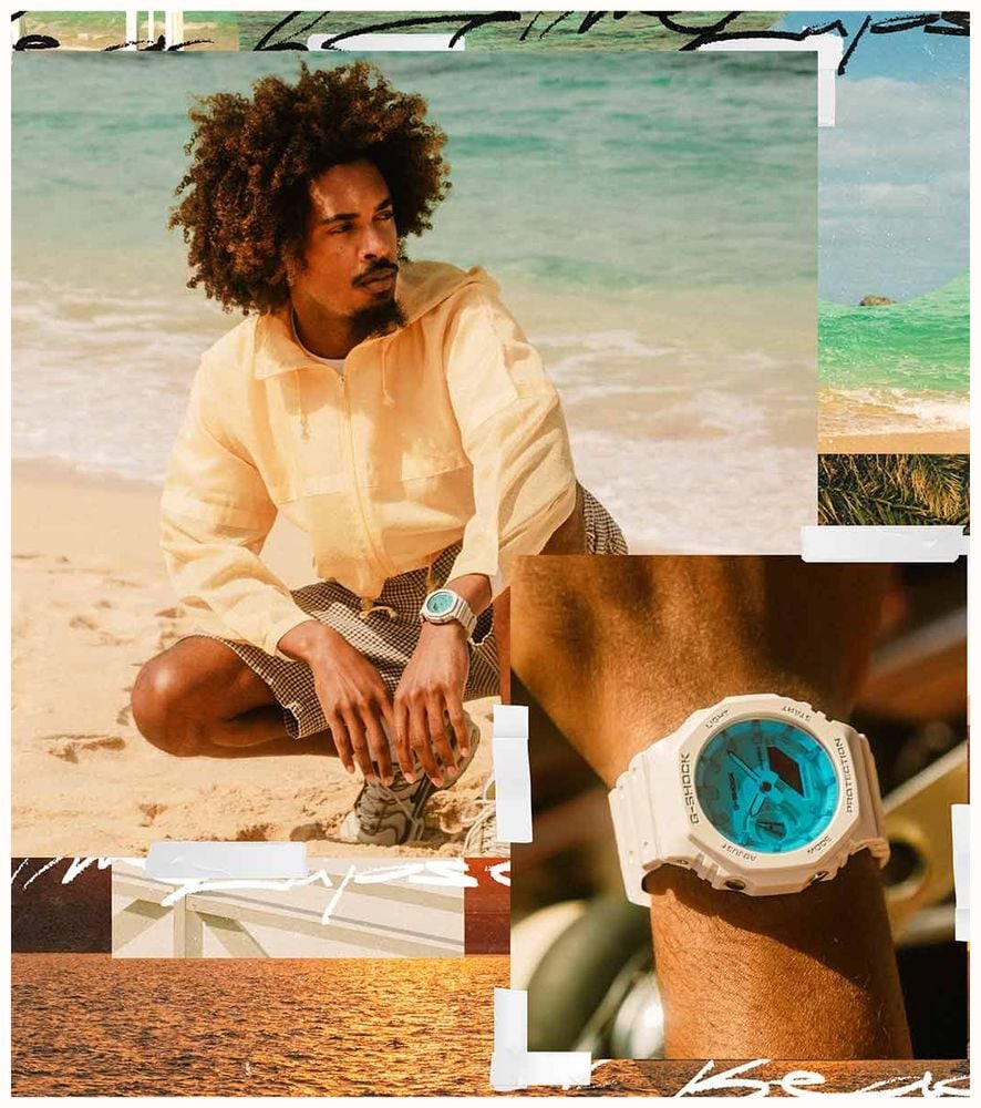 Casio G-Shock Beach Time Lapse (45.4mm) Blue Red Dial / White Resin Strap GA-2100TL-7AER - First ...