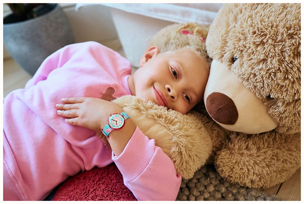 Flik Flak DINO PARTY (31.85mm) White And Blue Dial / Blue Fabric Strap FBNP212 - First Class ...