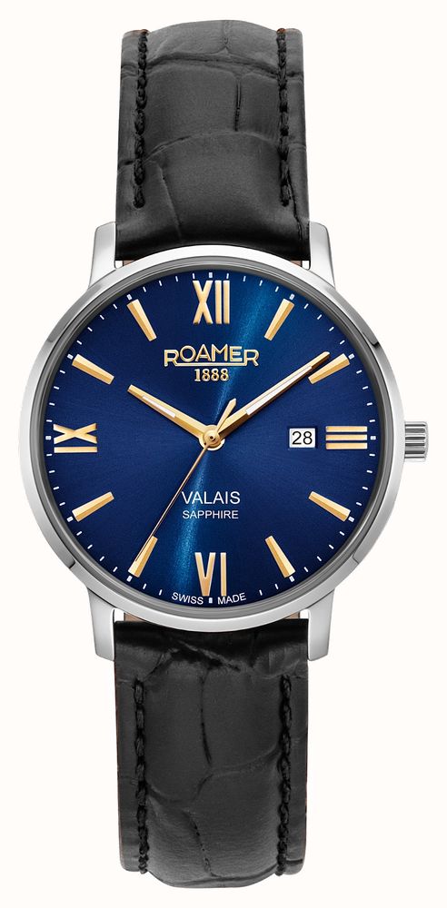 Roamer Valais Ladies Blue Dial With Yellow Gold Batons Black Leather ...