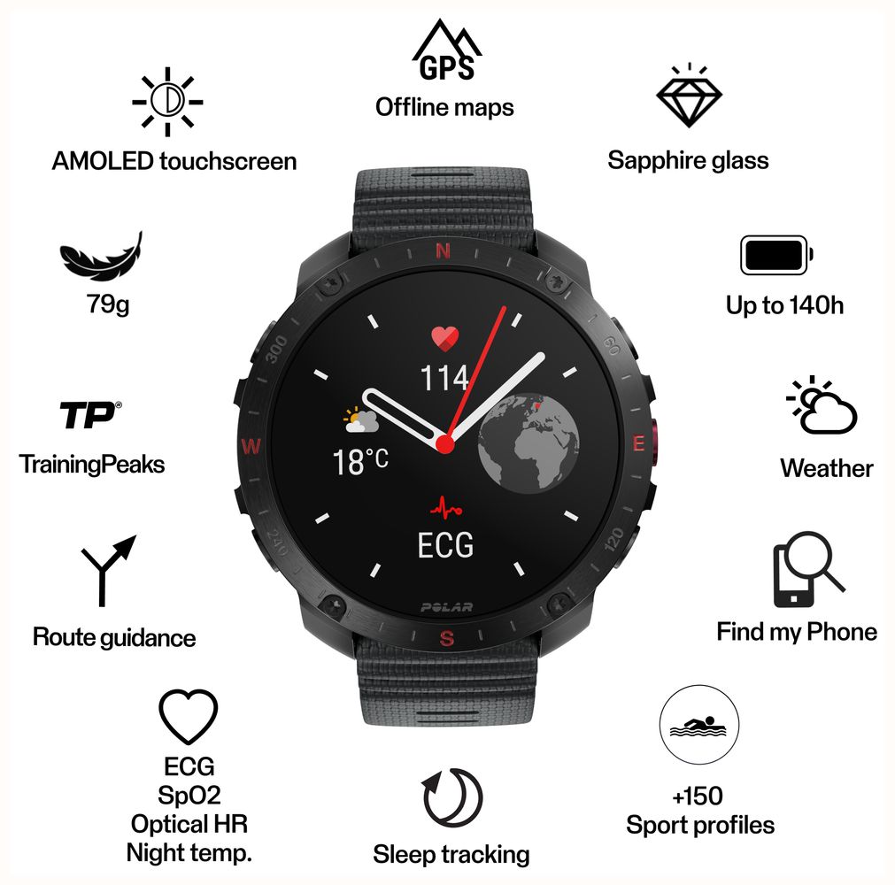 Polar Grit X2 Pro Premium GPS Smart Sports Watch Black (S-L) 900110283 ...