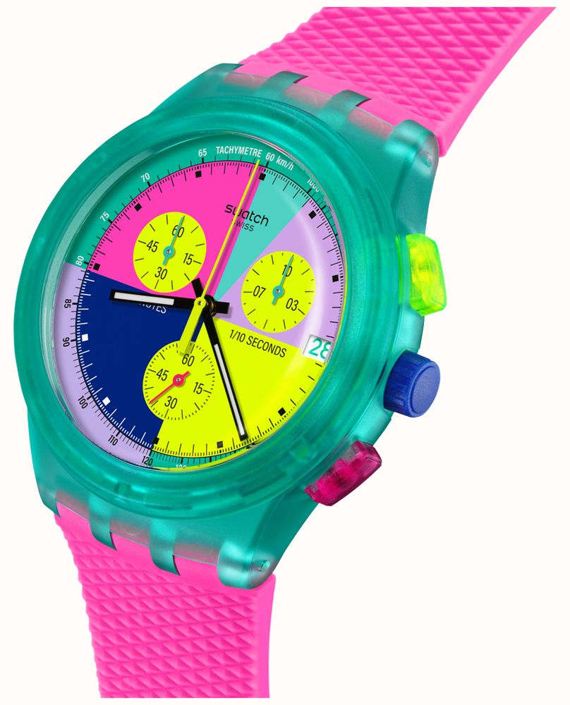Swatch 霓虹闪光箭头（42 毫米）多色表盘/结构化粉色硅胶表带 SUSG408 - First Class Watches™ CHN