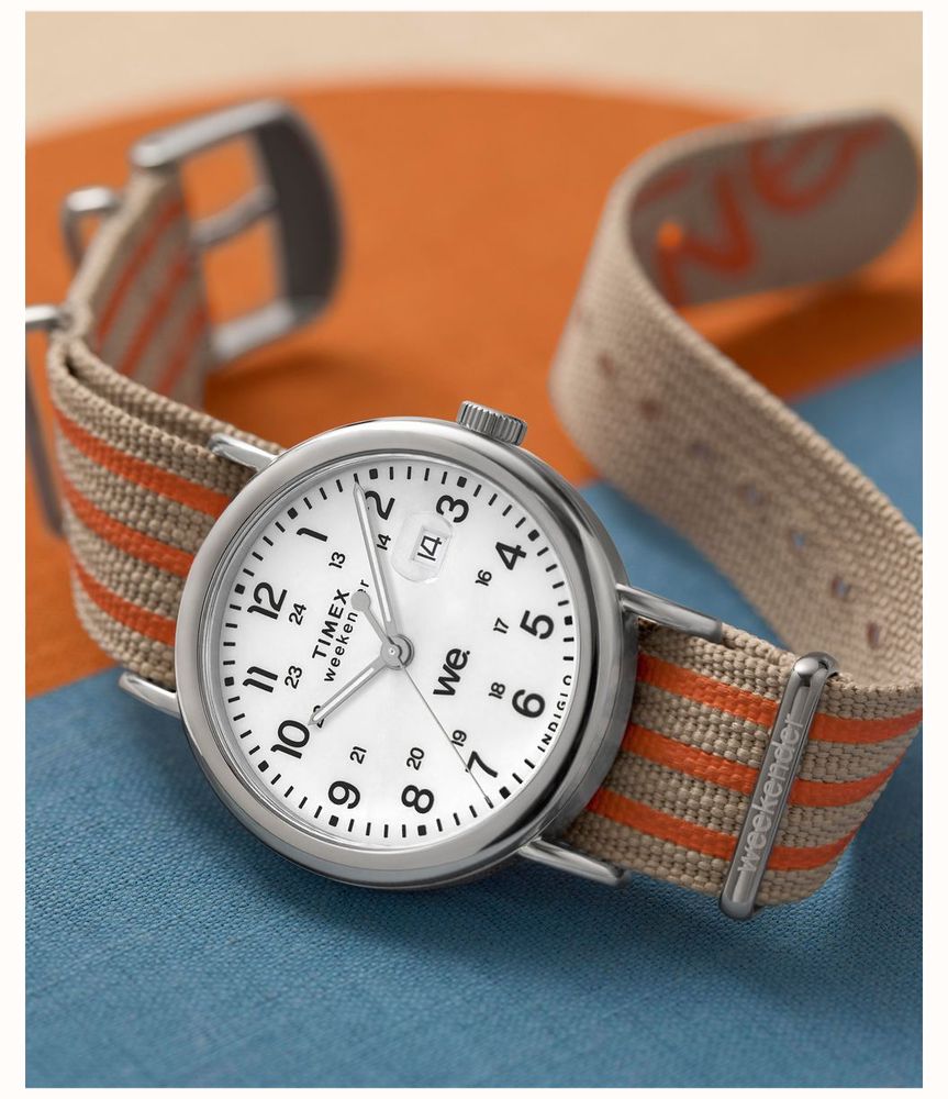 Timex Weekender INDIGLO (40mm) White Dial / Tan & Orange Striped Fabric ...