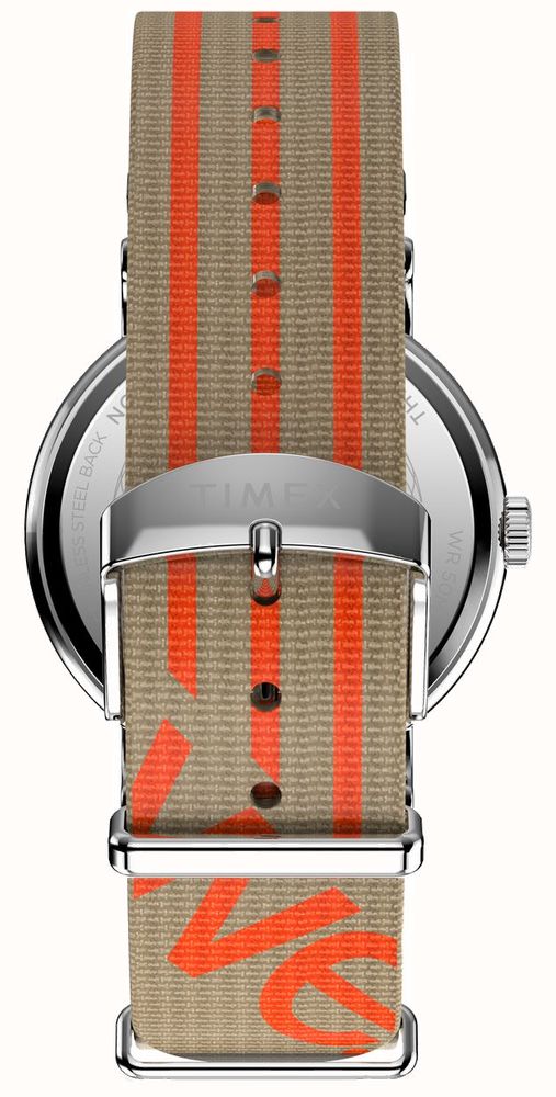Timex Weekender INDIGLO (40mm) White Dial / Tan & Orange Striped Fabric ...