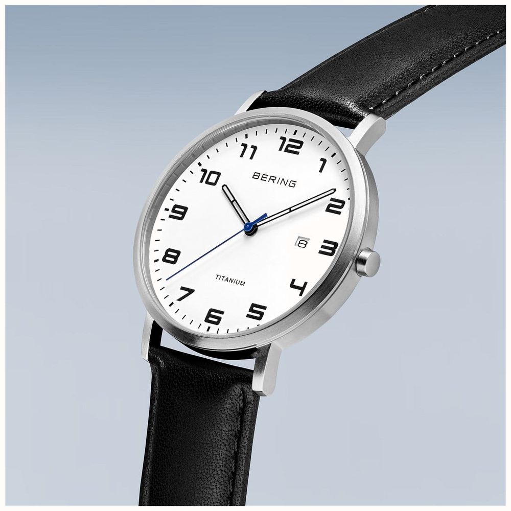 Bering Titanium | White Dial With Date Window | Black Leather Strap ...