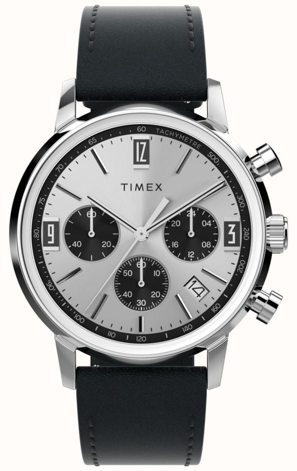 Timex Marlin Chronograph Tachymeter (40mm) Silver Dial / Black Leather Strap TW2W10300 - First ...