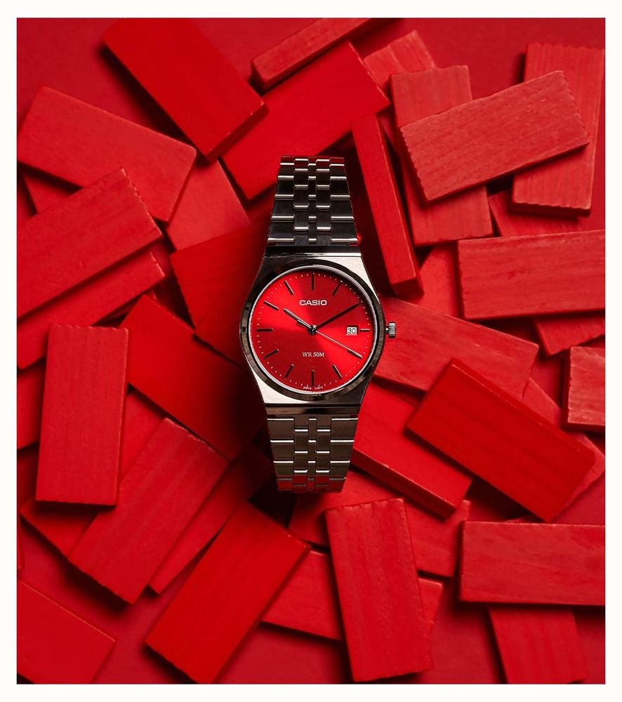 Casio MTP Series Analogue Quartz (35mm) Cherry Red Sunray Dial ...