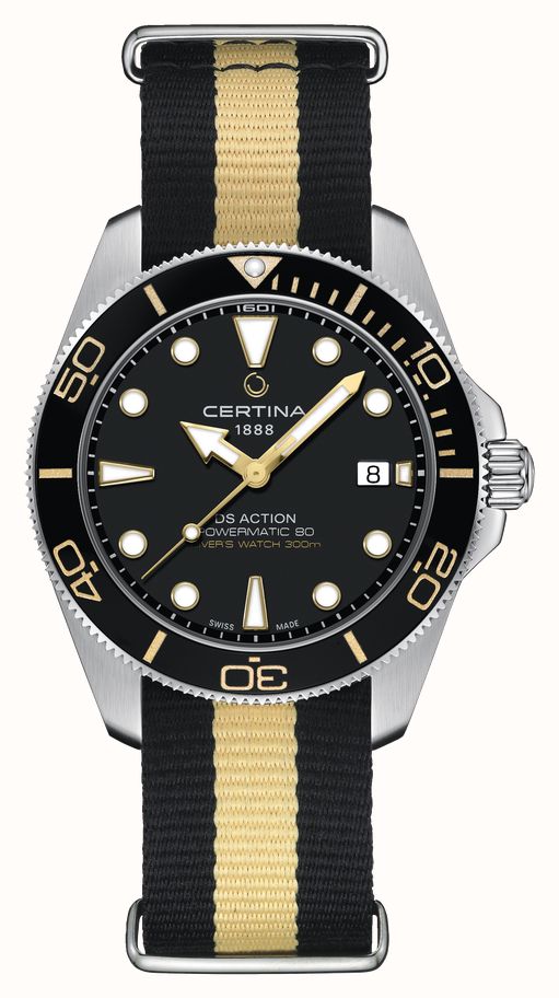 Certina DS Action Diver Automatic (40.5mm) Black Dial / Black & Gold NATO C0484071805101 - First ...