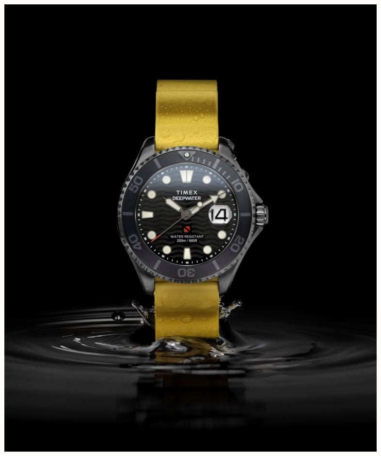 Timex Deepwater Meridian 200 (44mm) Black Wave Dial / Yellow Synthetic ...