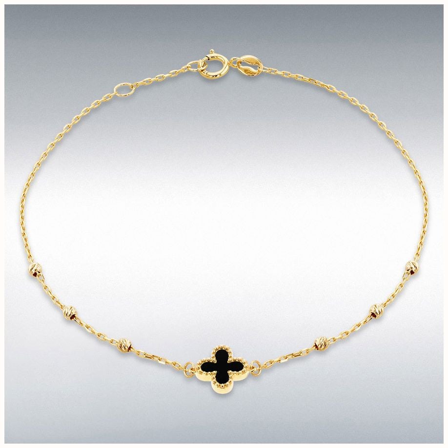 James Moore 9ct Yellow Gold 8.5mm Black Onyx Clover DC Ball Bracelet 18c 1.29.2252