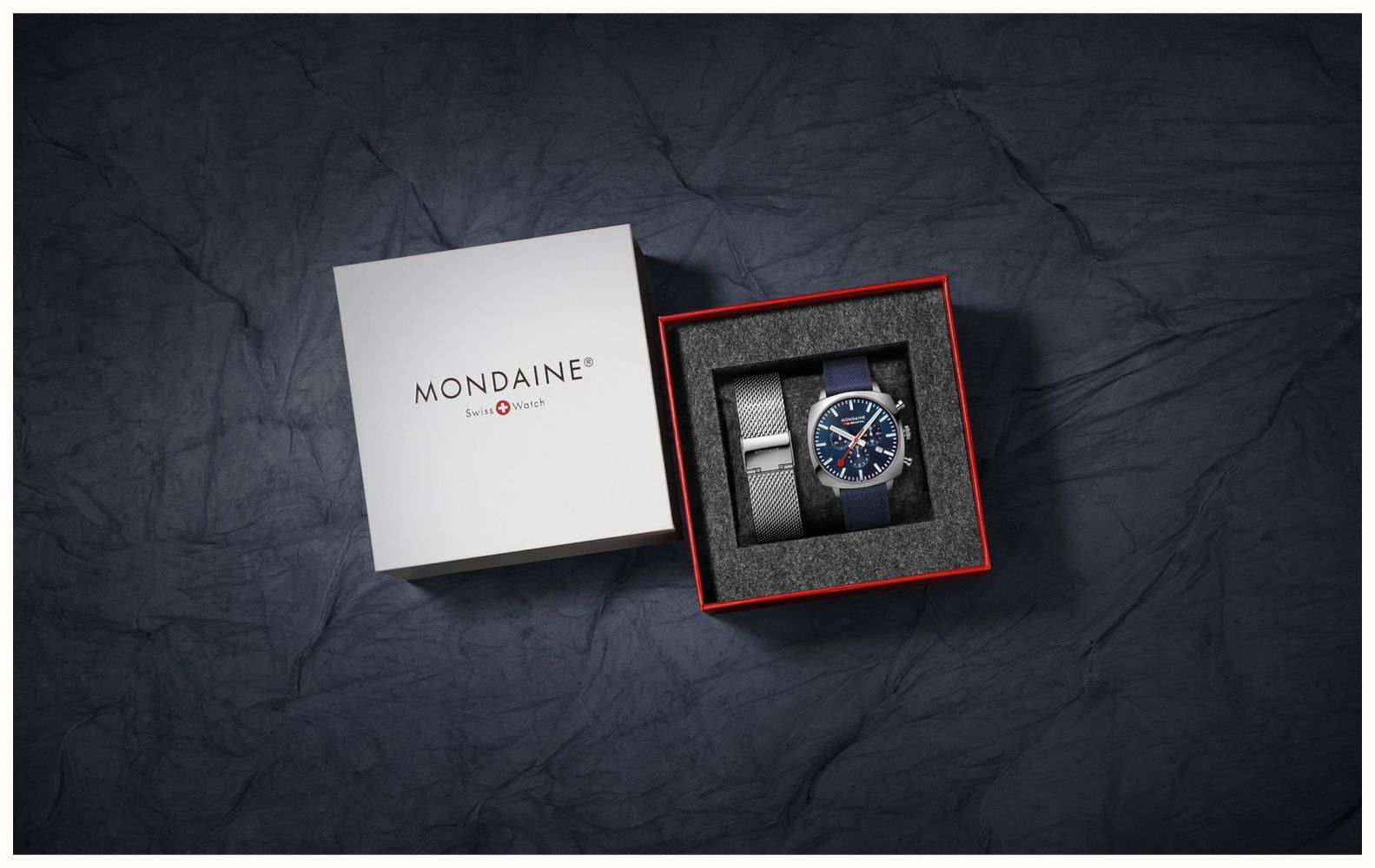 Mondaine SBB Grand Cushion Chronograph (41mm) Blue Dial / Blue Textile ...
