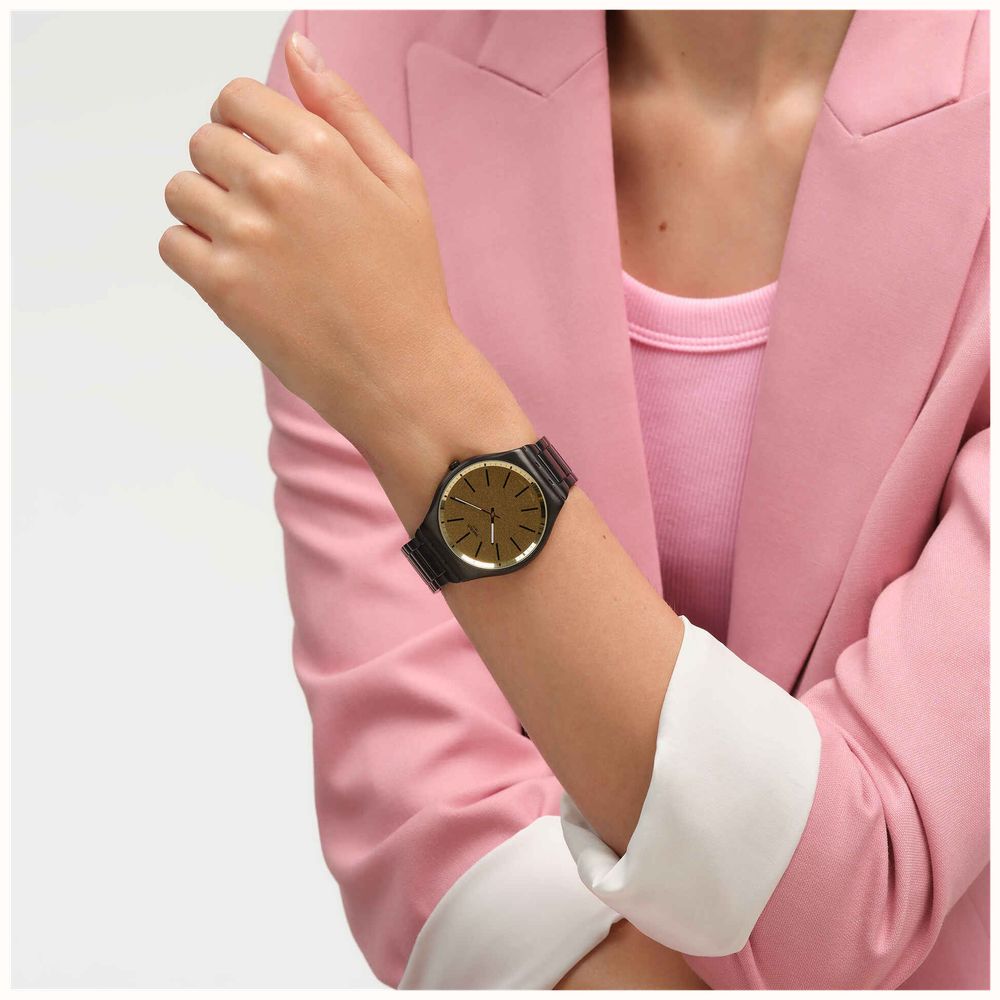 Swatch Elegantes Schiefergraues (42 Mm) Goldenes Glitzer-Zifferblatt ...